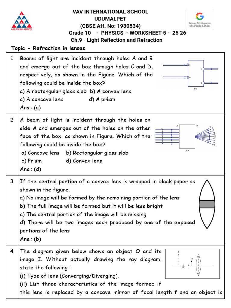 G10 - Ch.9 - Lens and Power Answers - Worksheet 5 - 2526 | PDF ...