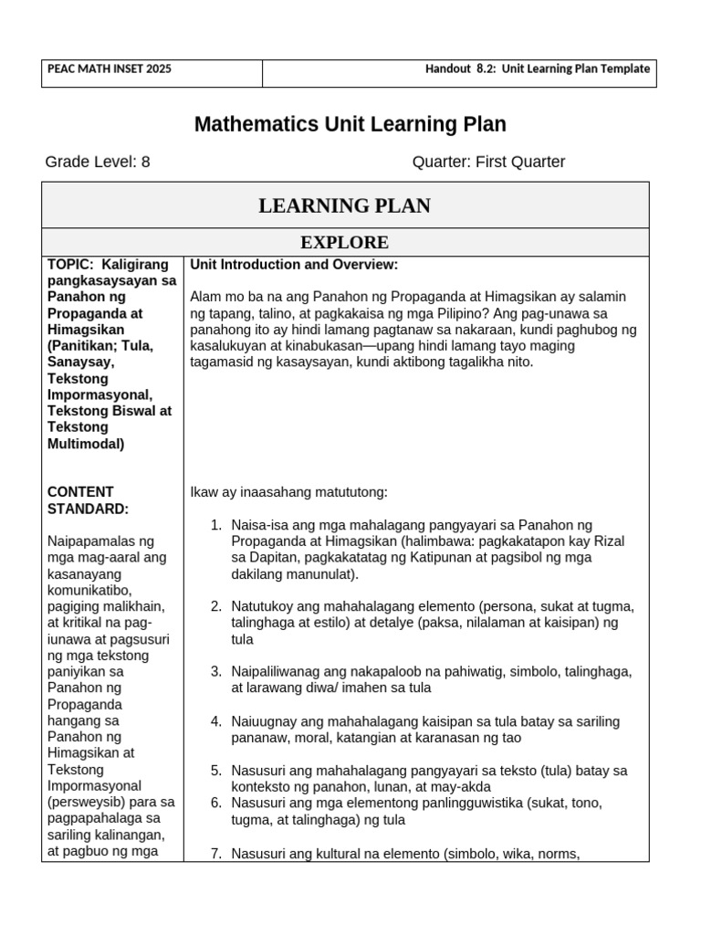 8.2 - Template - Unit Learning Plan 2 VP | PDF