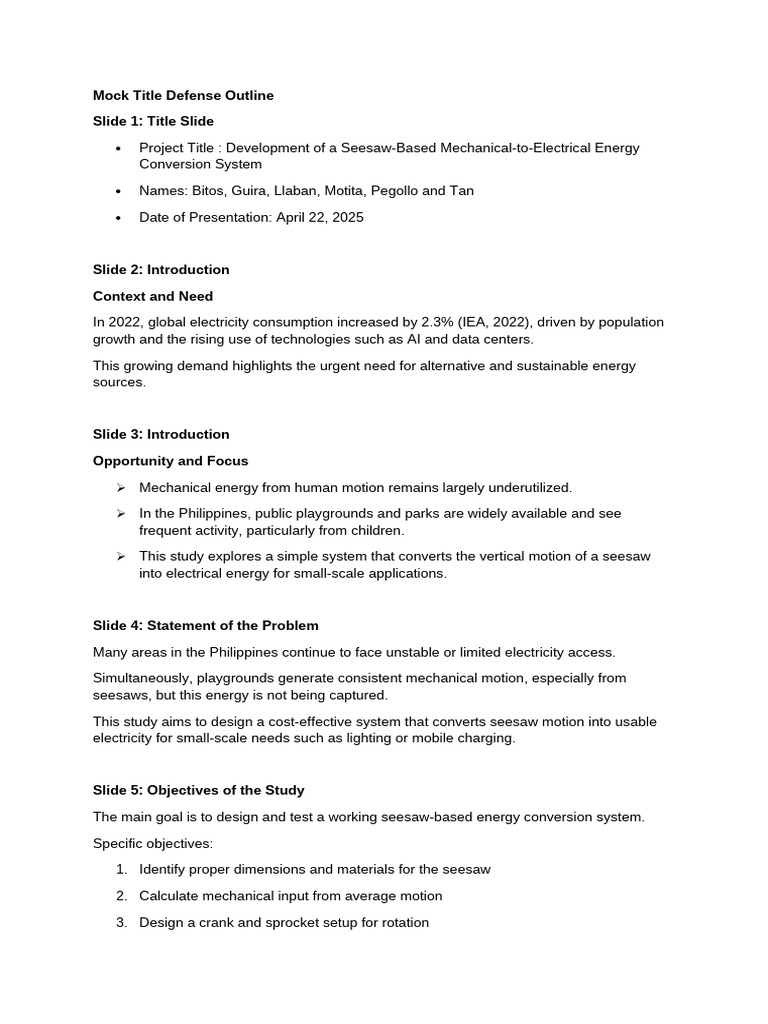 Mock Title Defense Outline | PDF | Electricity | Electric Generator