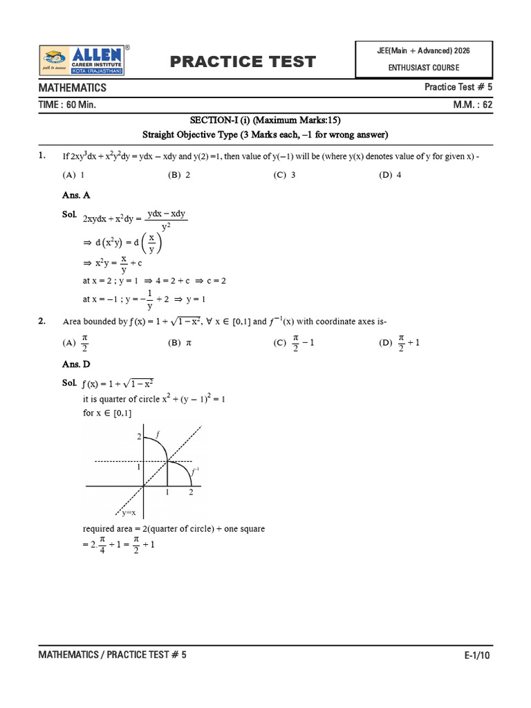 Practice Test: Section-I (I) (Maximum Marks:15) Straight Objective Type ...