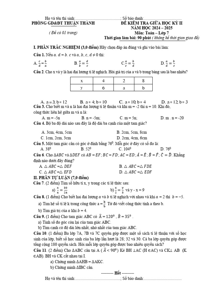 De Giua Hoc Ky 2 Toan 7 Nam 2024 2025 Phong GDDT Thuan Thanh Bac Ninh | PDF