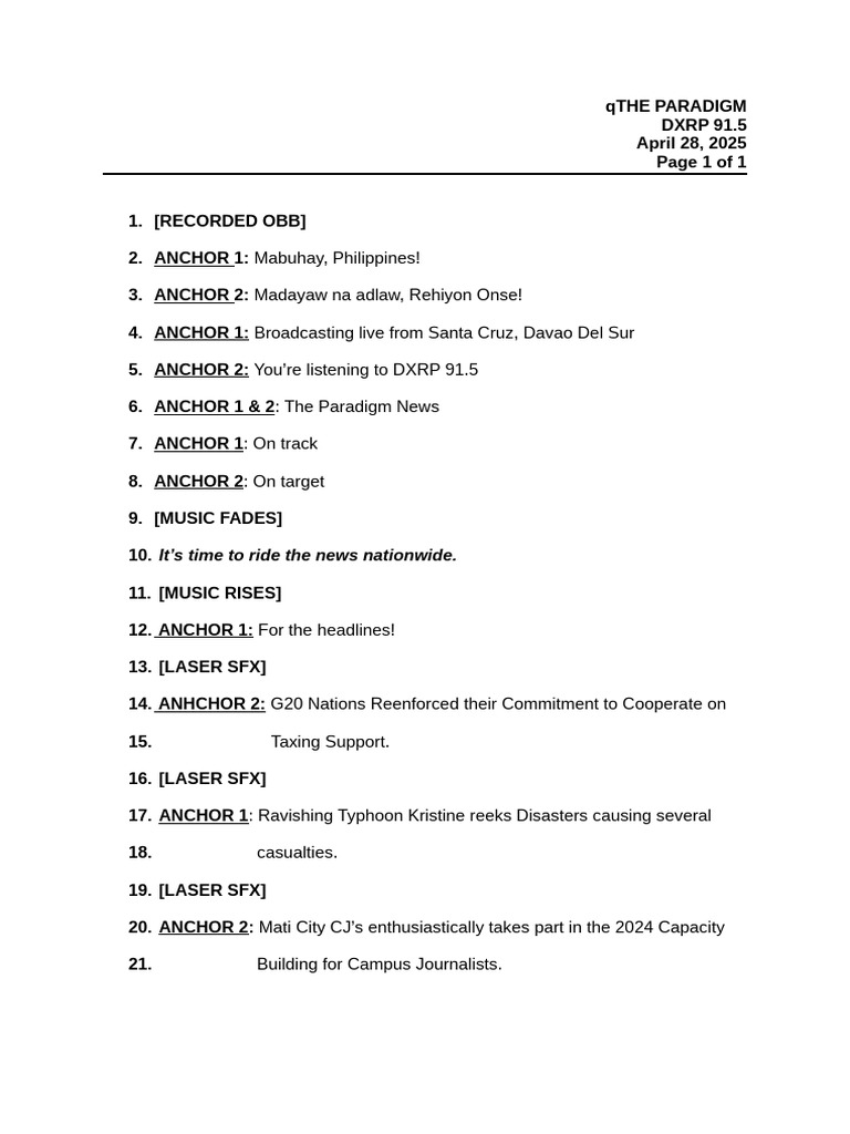 The PARADIGM (Broadcasting Sample Script) | PDF