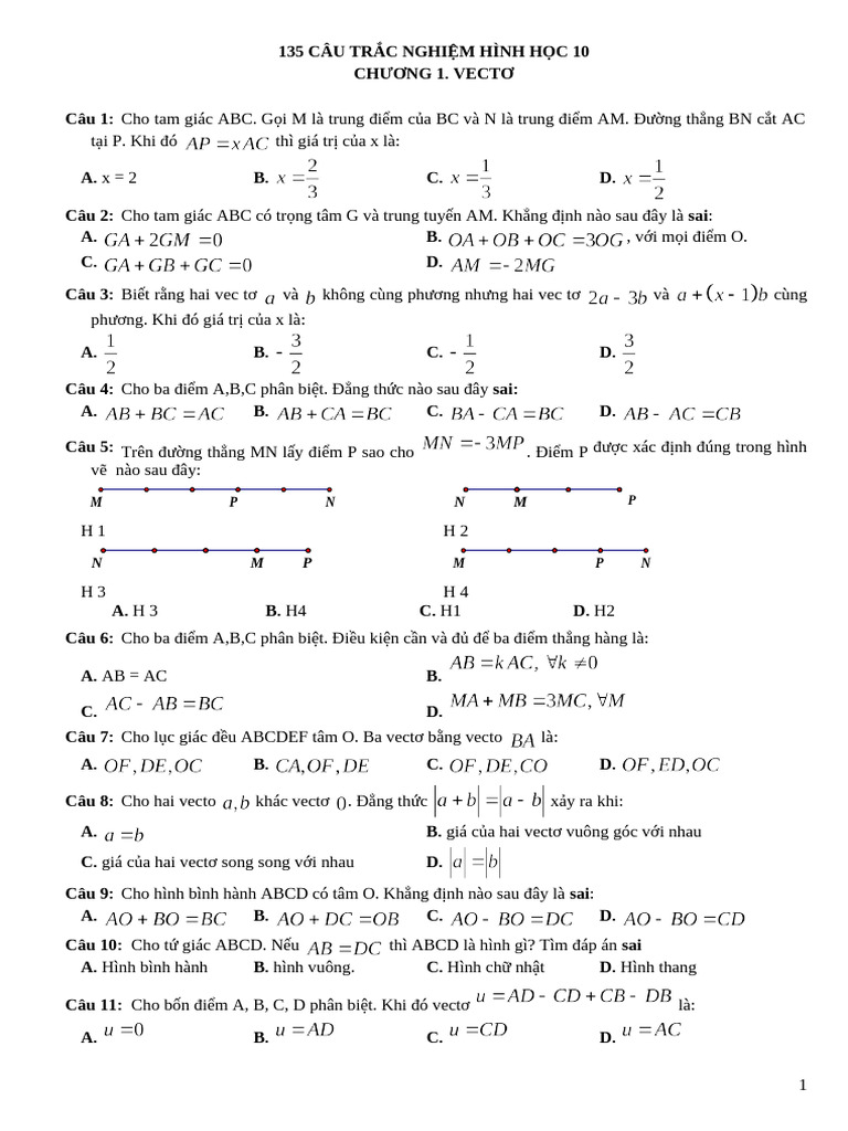 135 Cau Trac Nghiem Hinh Hoc 10 Chuong 1 Vecto | PDF