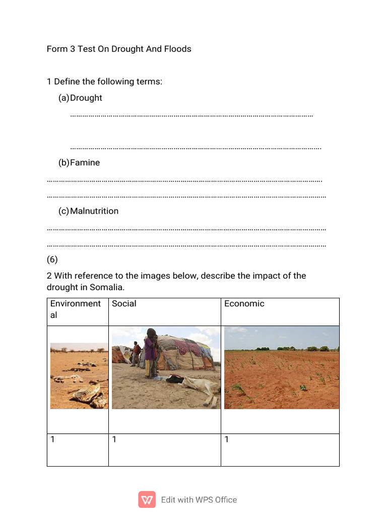 Form 3 Test On Drought and Floods | PDF