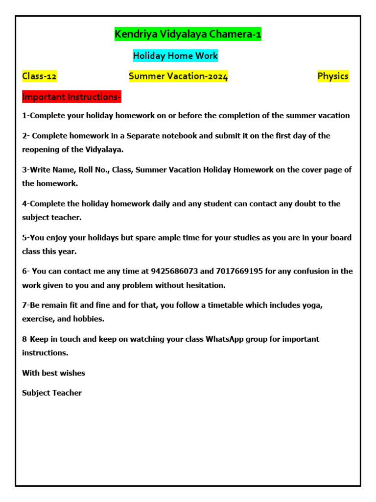 12 HHW Summer Vacation Physics 2024 - P | PDF | Electric Field | Dipole