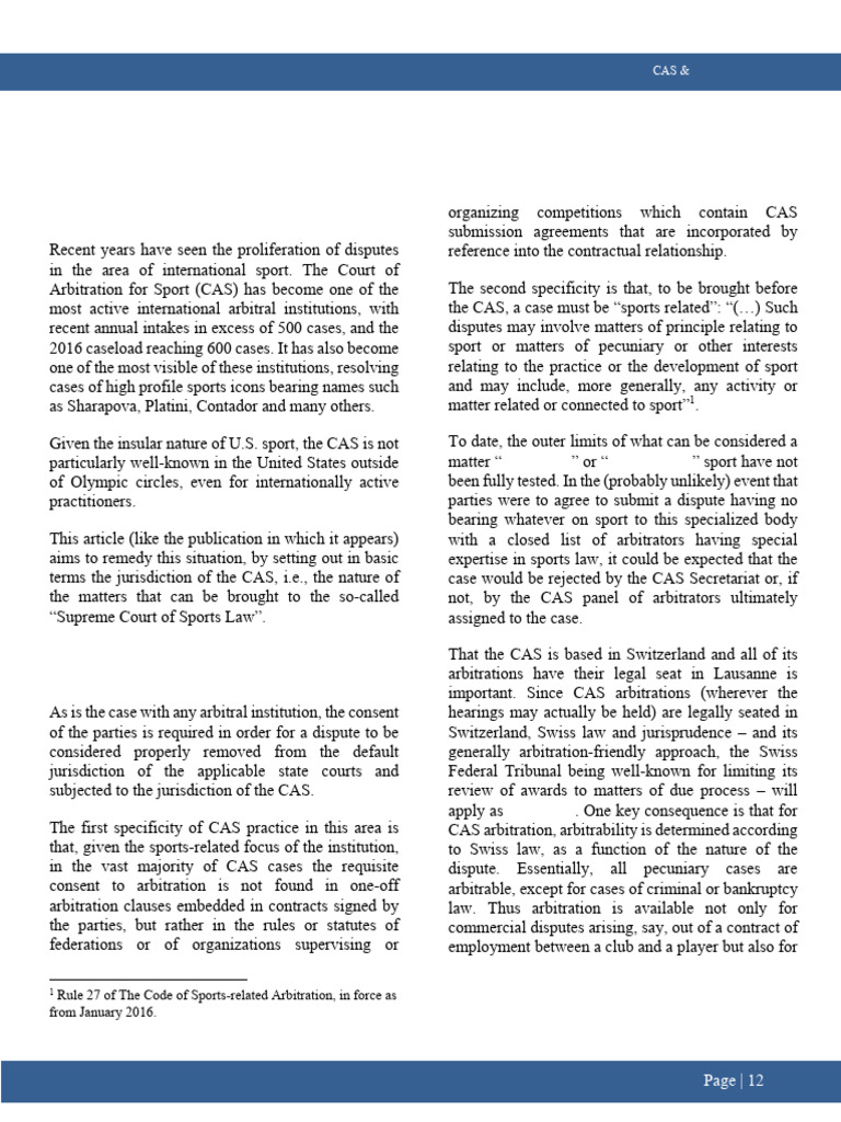 Sports Law Jurisdiction of The Cas The Basics Aba Journal Vol. I I 2017 ...
