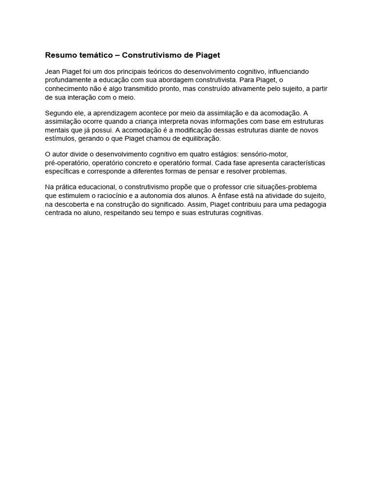 Resumo Temático - Construtivismo de Piaget - Documentos Google | PDF