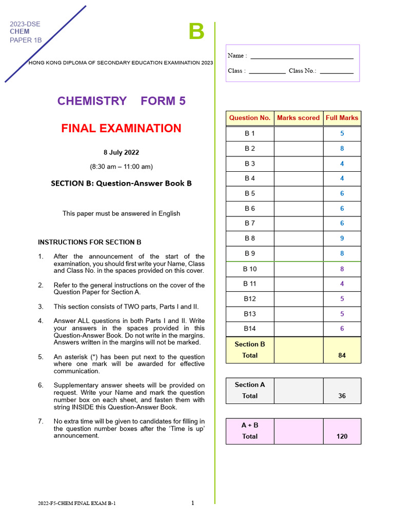 2022 Chemistry Final Exam Paper B | PDF | Redox | Oxide