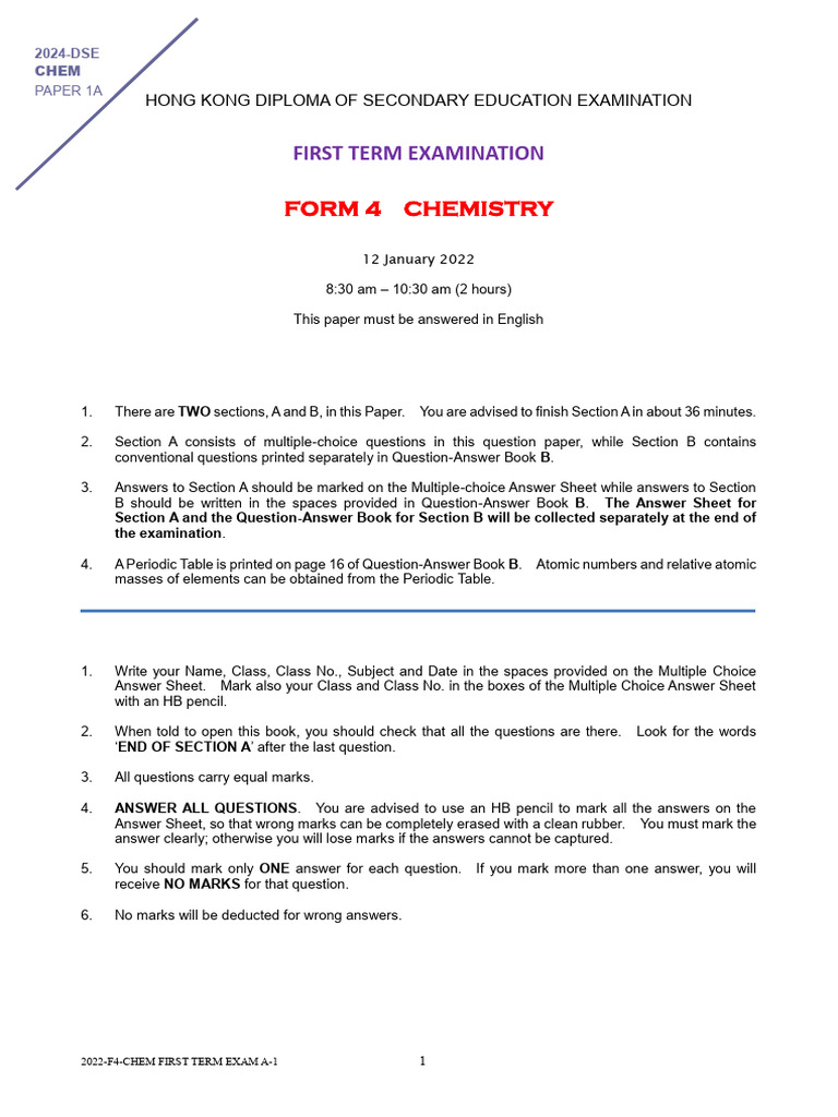 2022-F4-CHEM First Term Exam (A) | PDF | Precipitation (Chemistry) | Chemical Substances