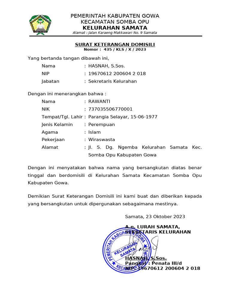 Surat Keterangan Domisili Samata | PDF