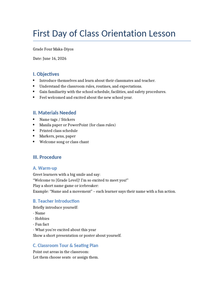 First Day Orientation Lesson Plan-Maka-Diyos | PDF