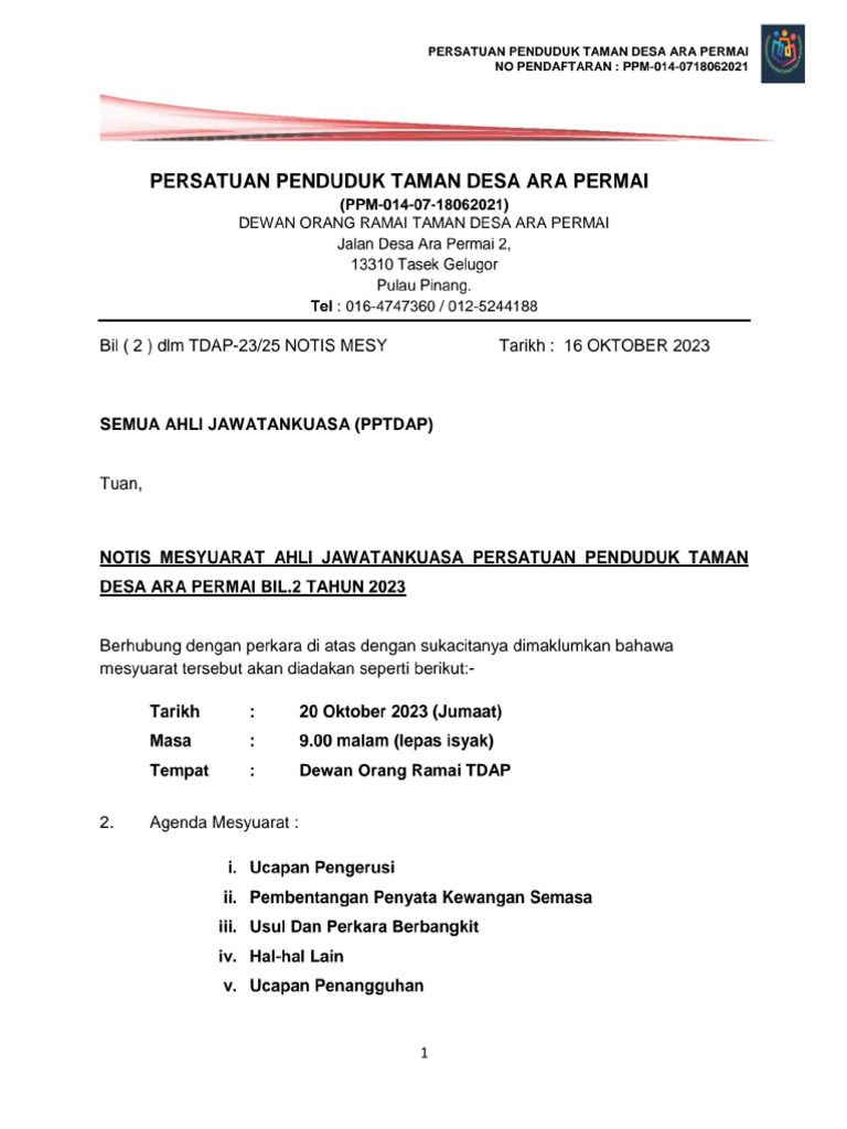 Surat Panggilan Mesyuarat AJK-AJK | PDF