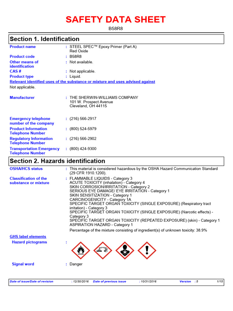 Steel Spec Epoxy Primer Safety Data Sheet | PDF | Occupational Safety ...