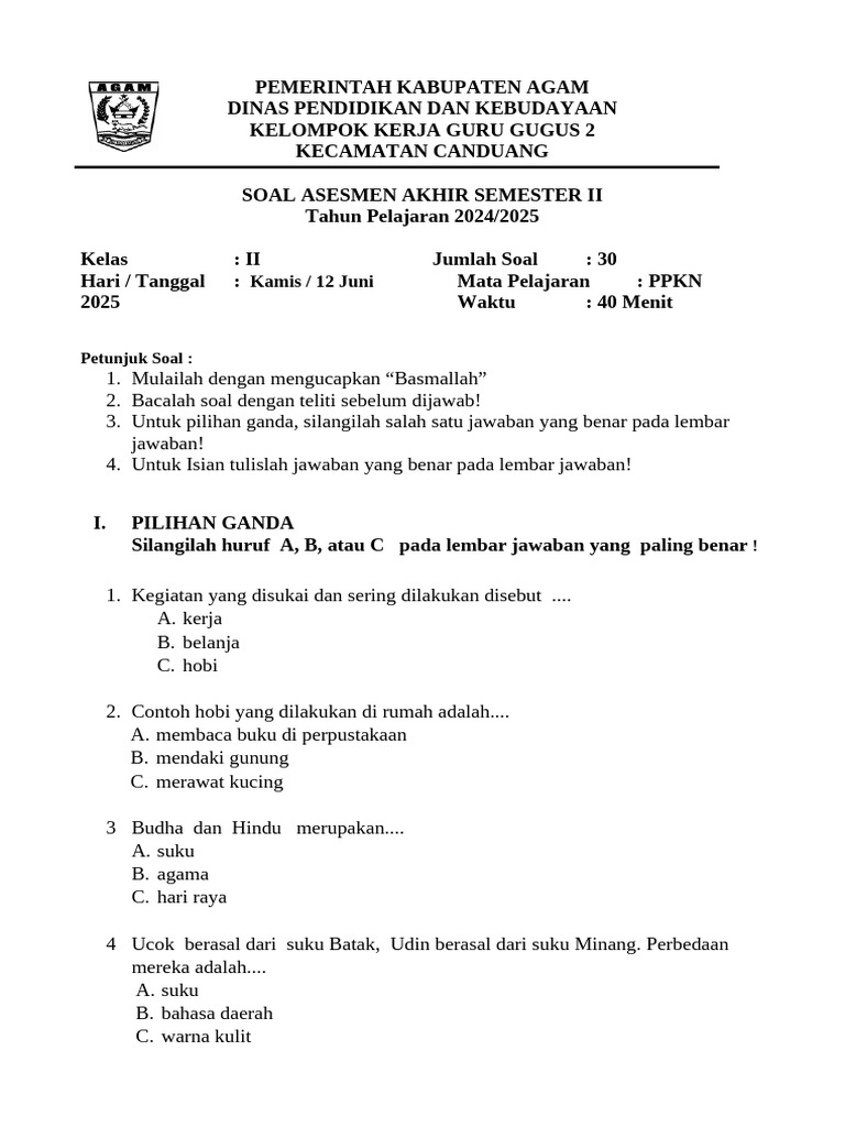 Soal PPKN Kelas 2 SD | PDF
