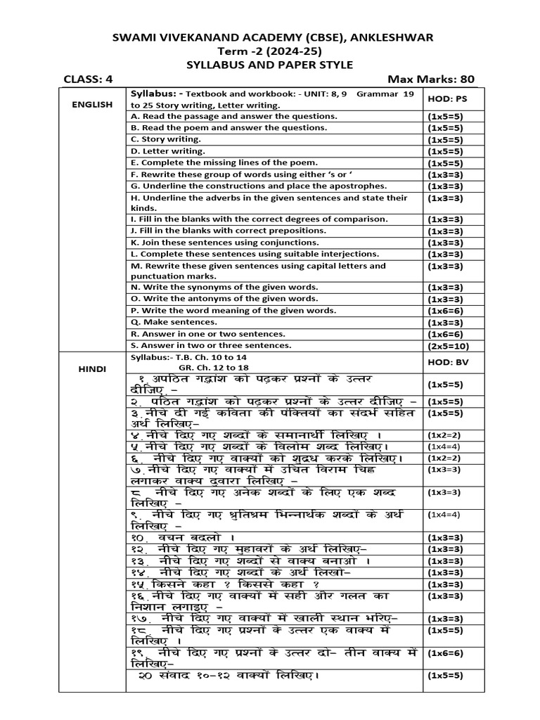 Syllabus Sheet STD 4 New Print Done | PDF | Grammar | Linguistics