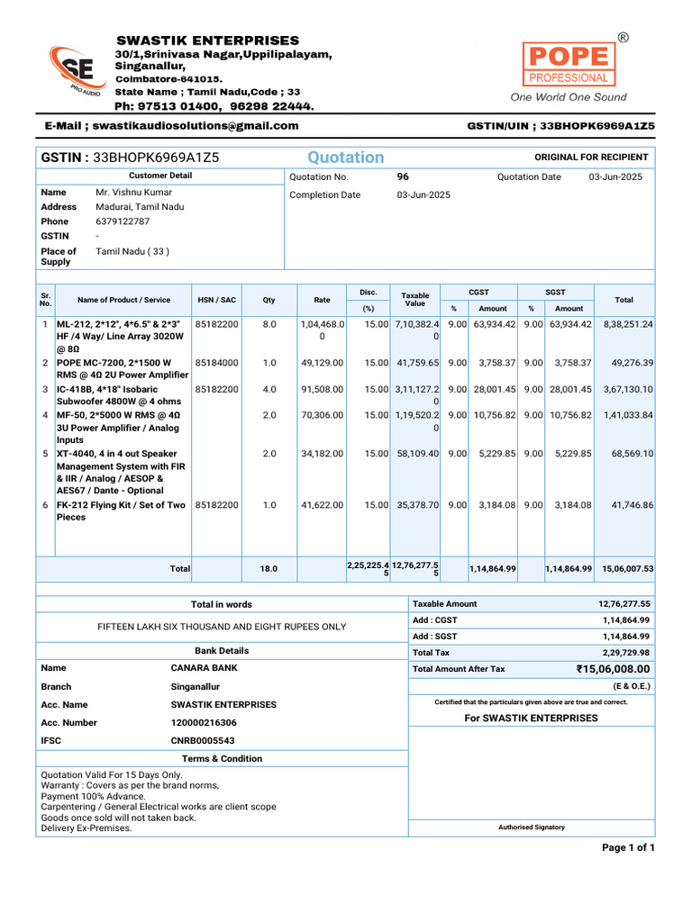 GST Quotation for Audio Equipment | PDF | Audio Electronics | Audio ...