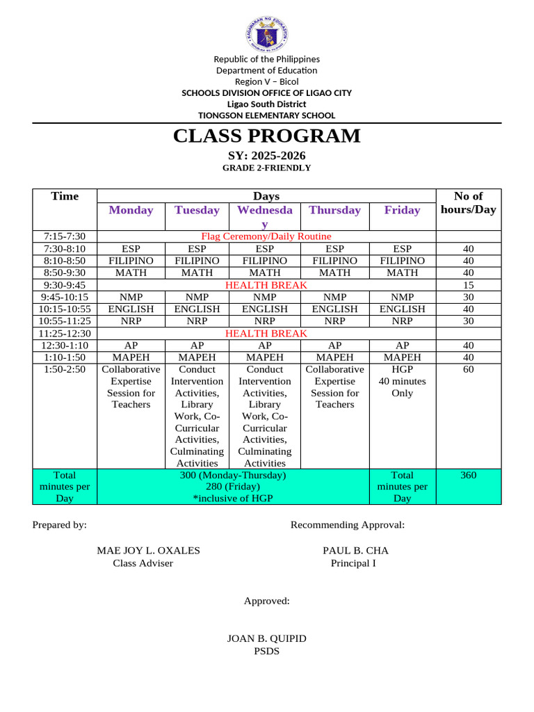 Grade 2 Class Program SY 2025-2026 | PDF | Government Institutions ...