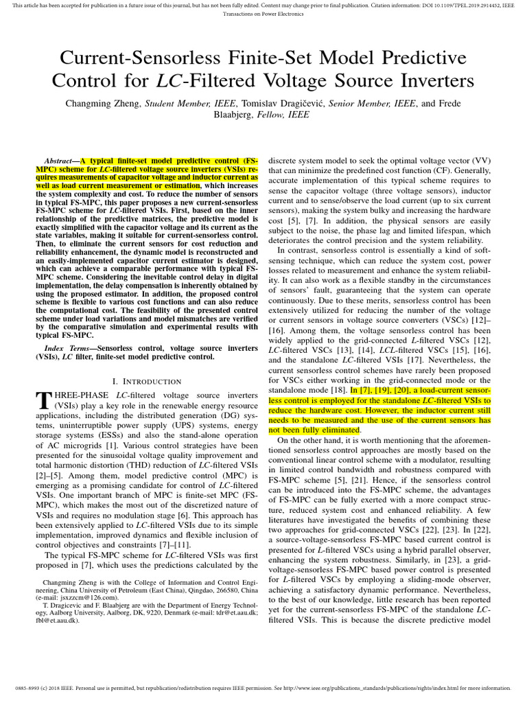 2018 - Current - Sensorless Finite Set MPC For LC - Filtered Voltage ...