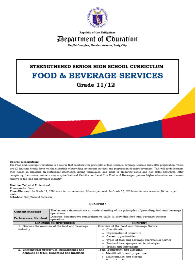 Food & Beverage Services Curriculum Guide | PDF | Coffee | Tableware