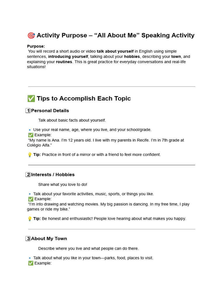? Activity Purpose - "All About Me" Speaking Activity | PDF