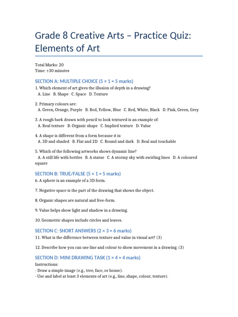 Grade 8 Creative Arts Practice Quiz | PDF