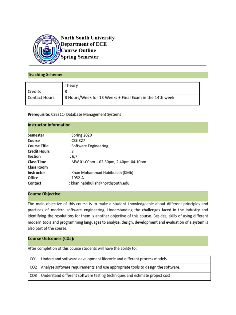 CSE327 Course Outline Spring 2020 | PDF | Software Development Process | Software