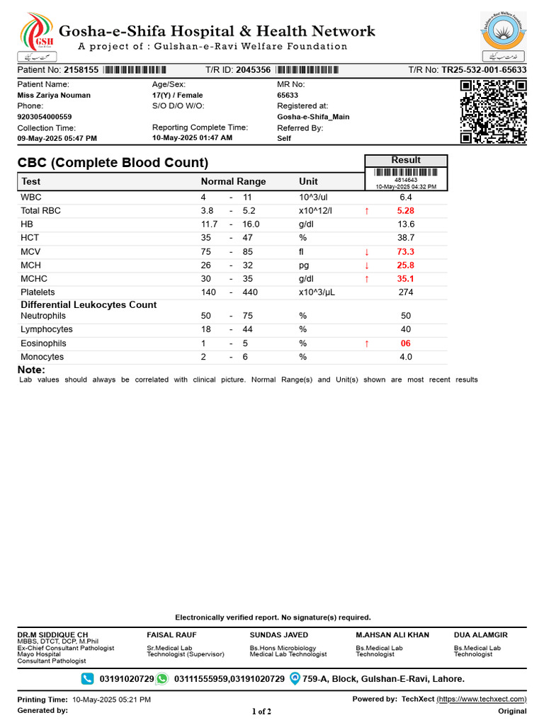 CBC (Complete Blood Count) : Result Test Normal Range Unit | PDF ...