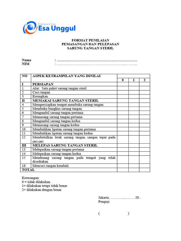 Form Penilaian Pemakaian Dan Pelepasan Sarung Tangan Steril | PDF