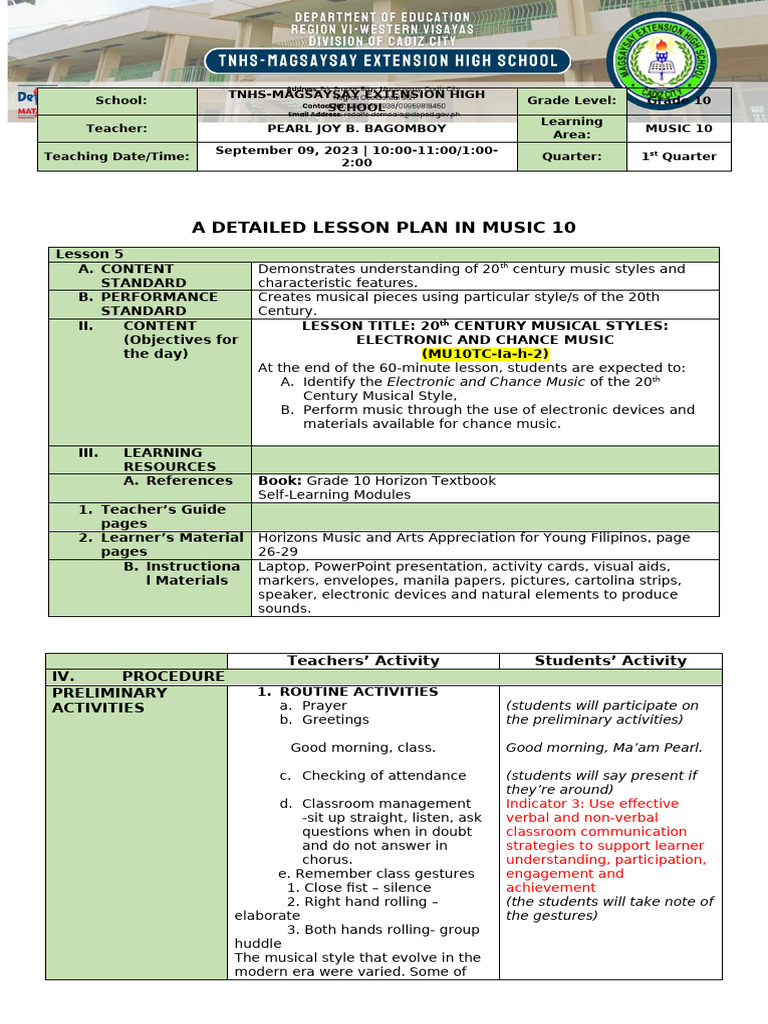 20th Century Music Styles Lesson Plan | PDF | Learning | Teachers