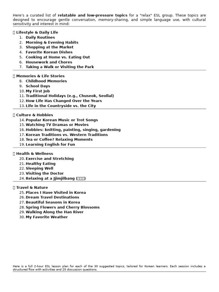 Relax ESL Lesson Plans (Part 1) | PDF | Korean Cuisine | Hobbies