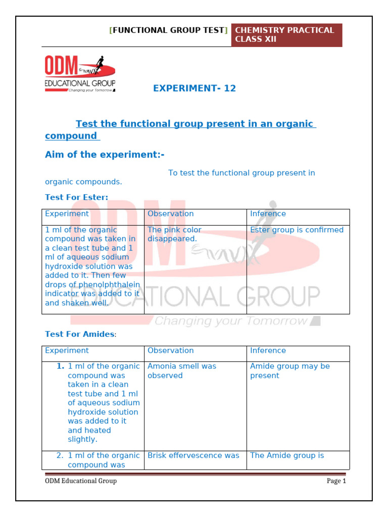 PR 12 & 13 Che Xii Functional Group Test | PDF | Aldehyde | Chemical ...
