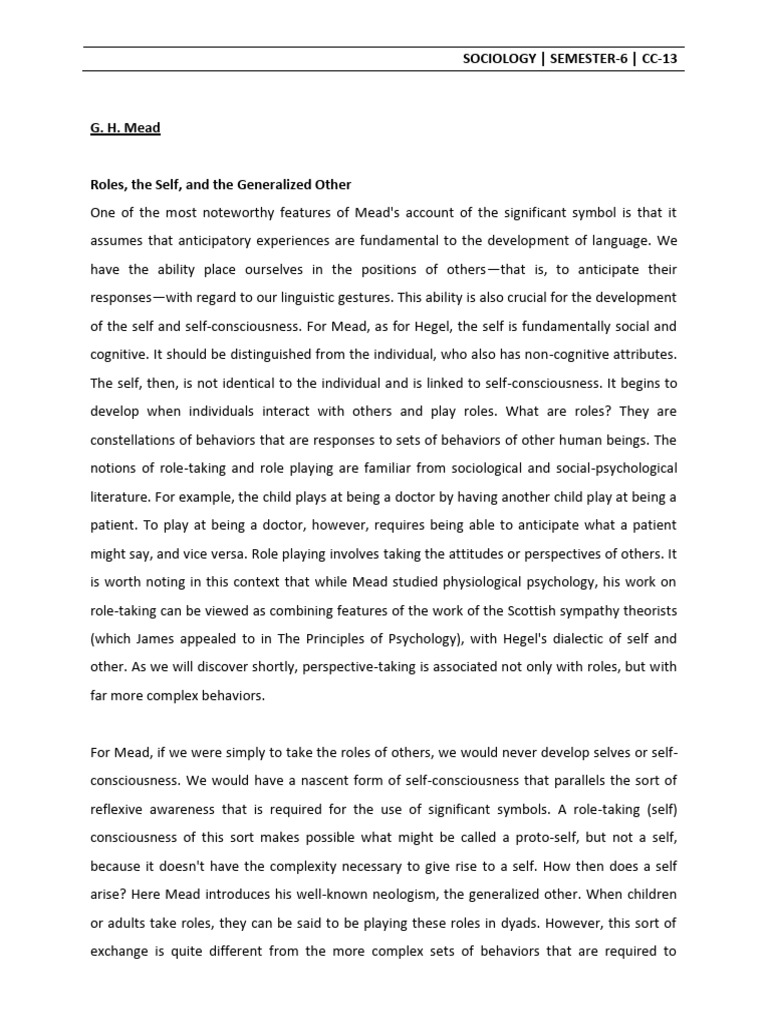 Sociology Semester-6 CC13 GHMead | PDF | Self | Consciousness