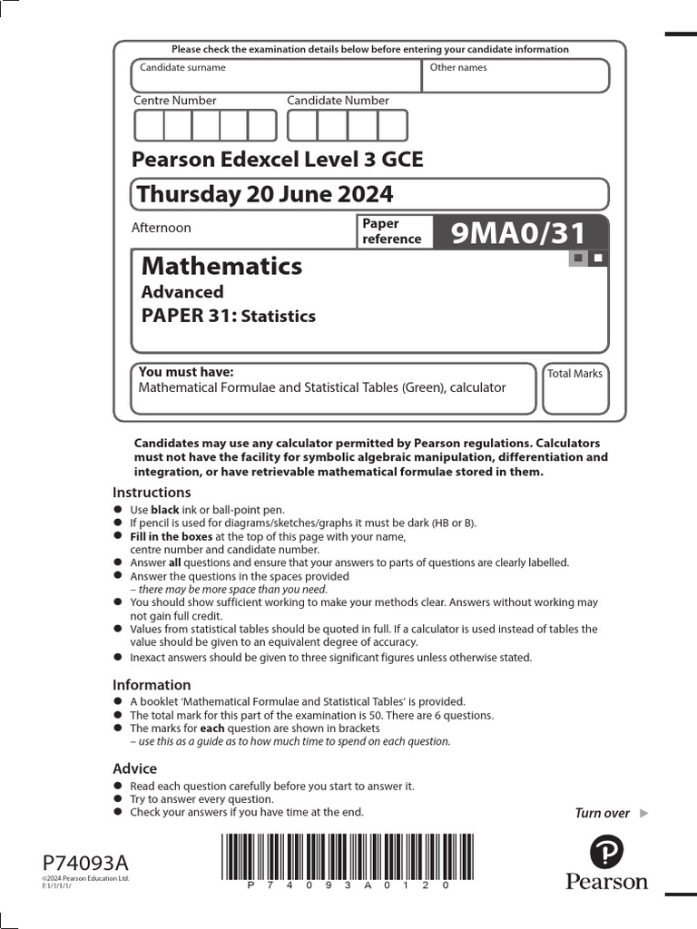 Edexcel A Level Maths Paper 3 Statistics June 2024 | PDF | Area | Mathematics