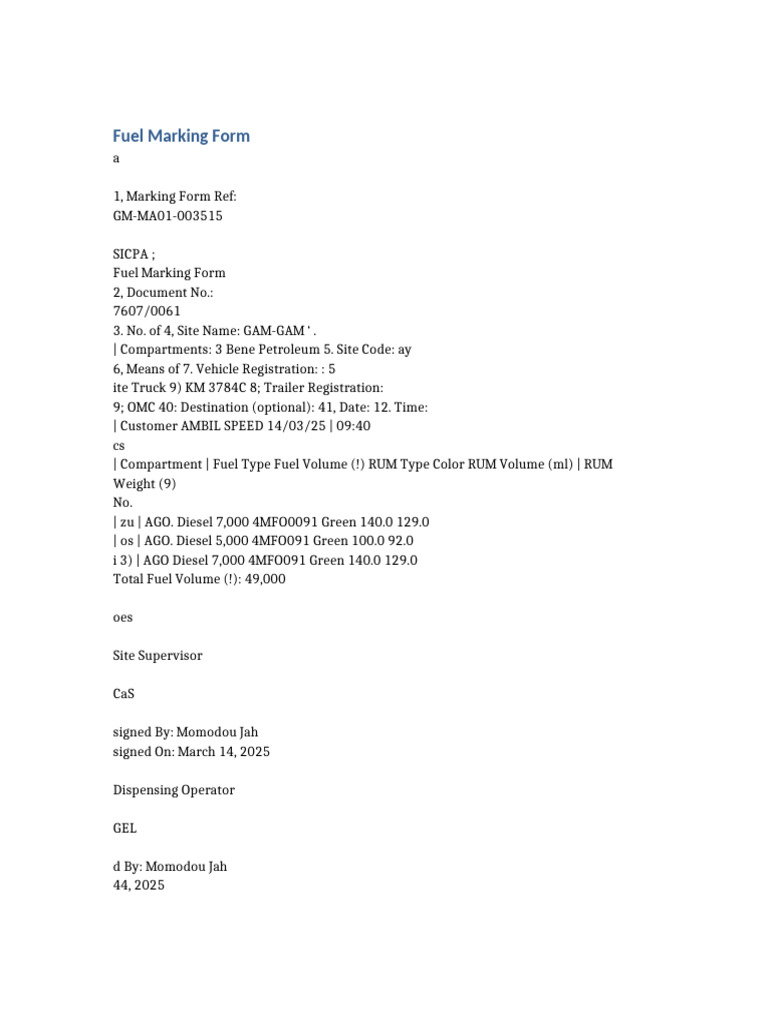 Fuel Marking Form | PDF