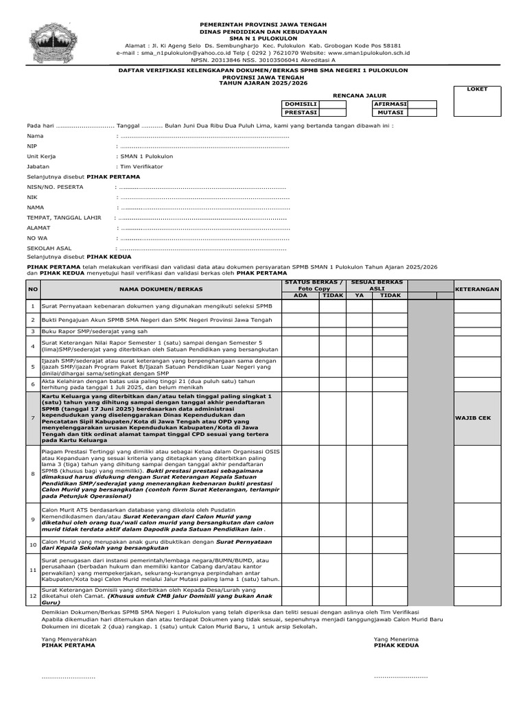 Daftar Ceklis Dokumen Spmb 2025 Chek | PDF