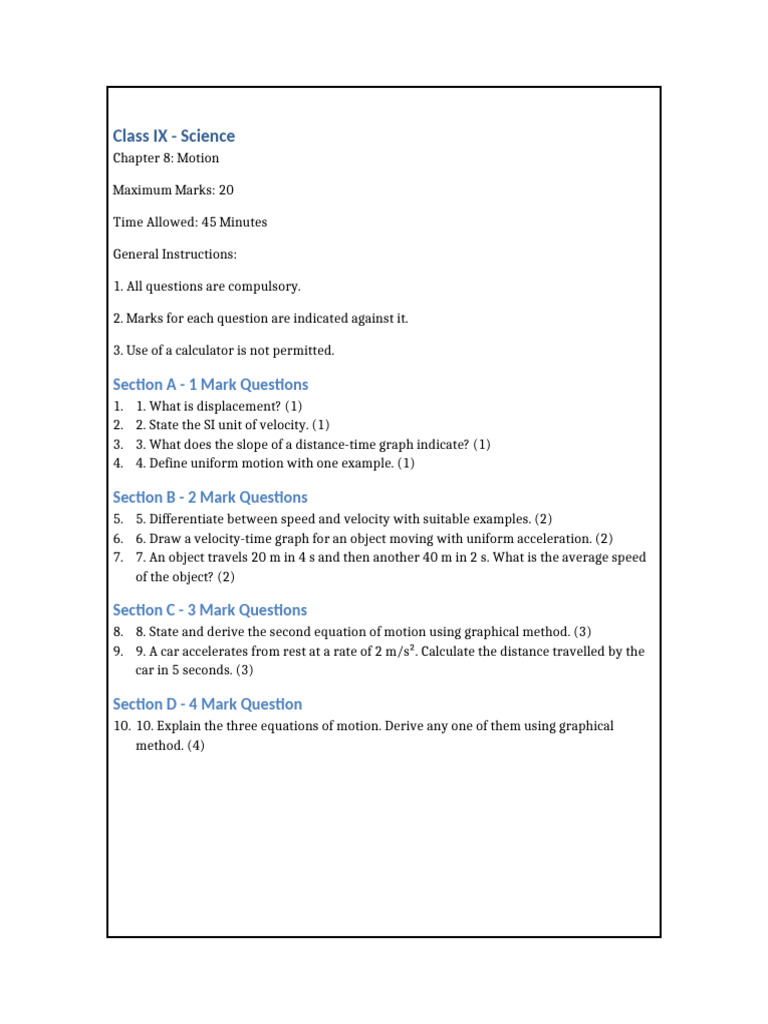 Chapter8 Motion Question Paper Formatted | PDF