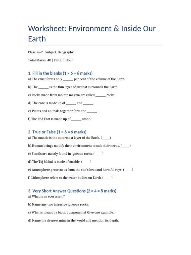 Environment and Inside Earth Worksheet Class6-7 | PDF