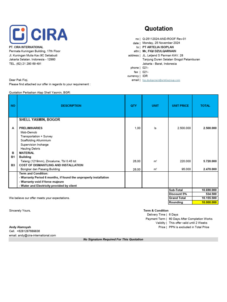 Quotation - Roofing Shell Yasmin Bogor - 25.11.2024 Rev-01 | PDF
