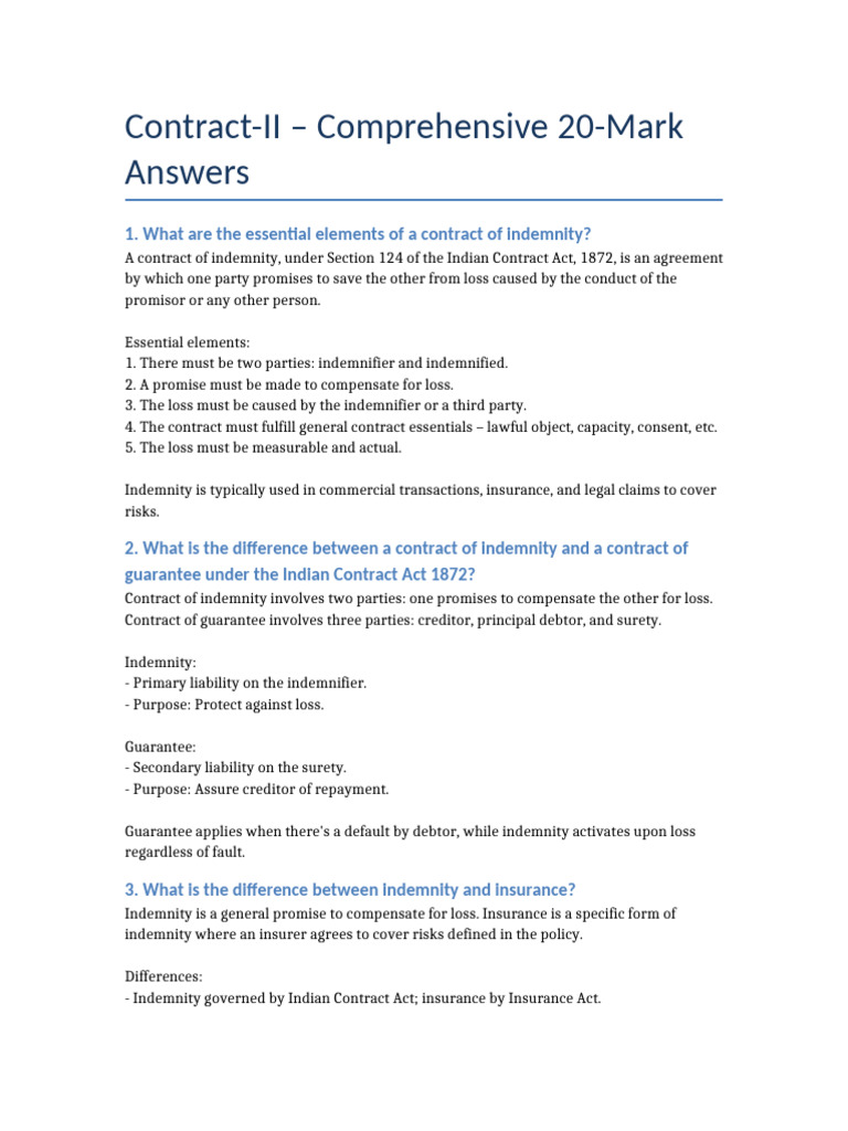 Contract II All 20 Mark Answers | PDF | Guarantee | Indemnity