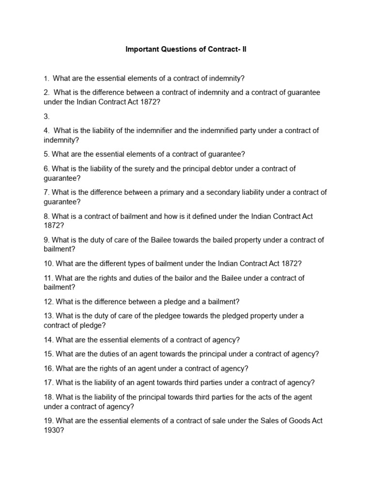 Important Questions of Contract-II | PDF | Guarantee | Indemnity