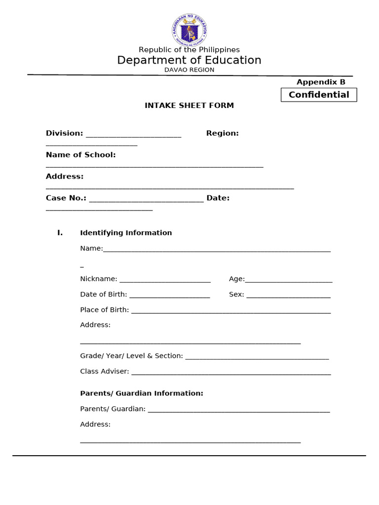 Intake Sheet Form (Appendix B) | PDF | Aggression | Human Rights Abuses