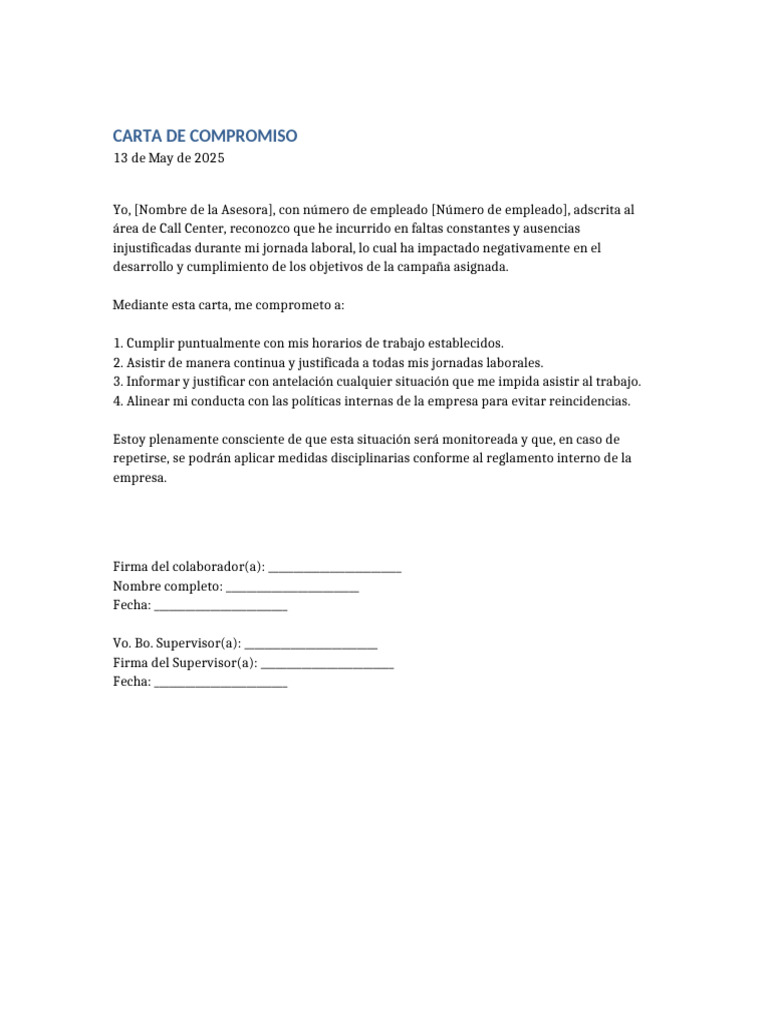 Carta Compromiso Faltas Ausentismo | PDF
