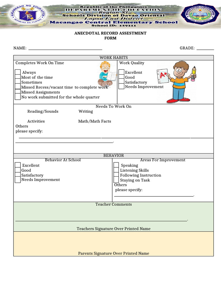 Anecdotal Record Assessment Form | PDF