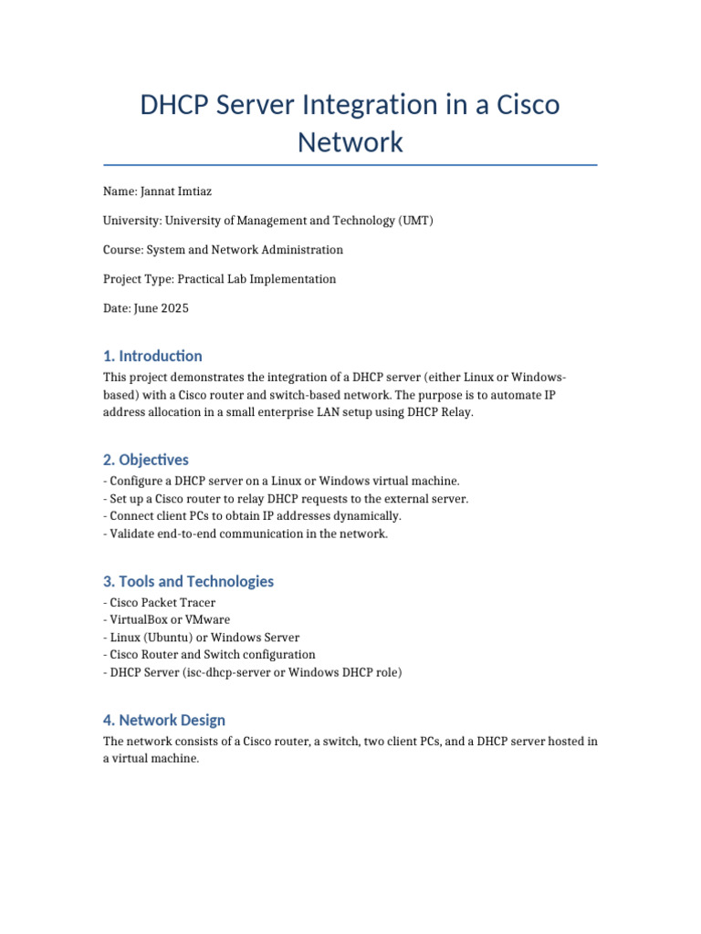 DHCP Server Integration Project Report Jannat Imtiaz | PDF
