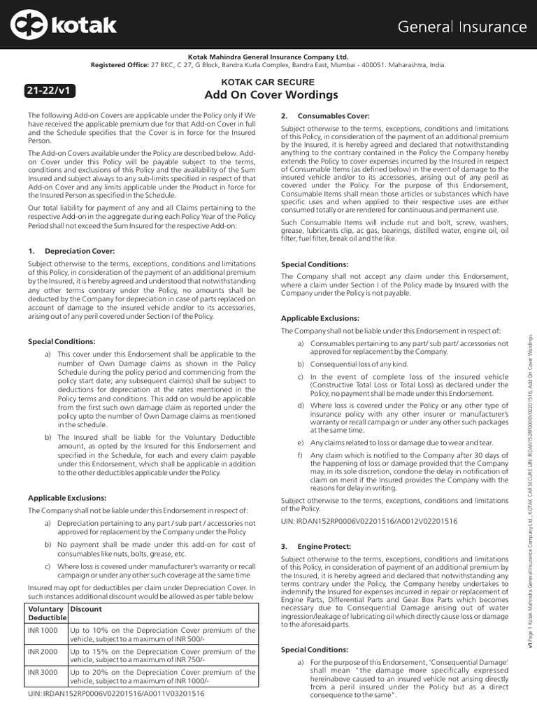 Kotak-Car Secure Add On Covers-Insurance-Policy-Wording | PDF ...