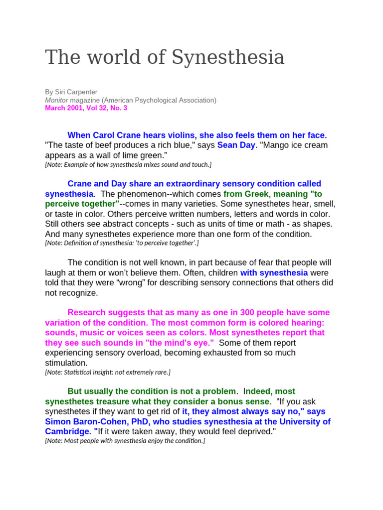 Synesthesia ColorCoded Annotated | PDF | Perception | Neuroscience
