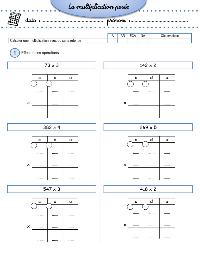 MATH CE1 Multiplications Posees Eval | PDF