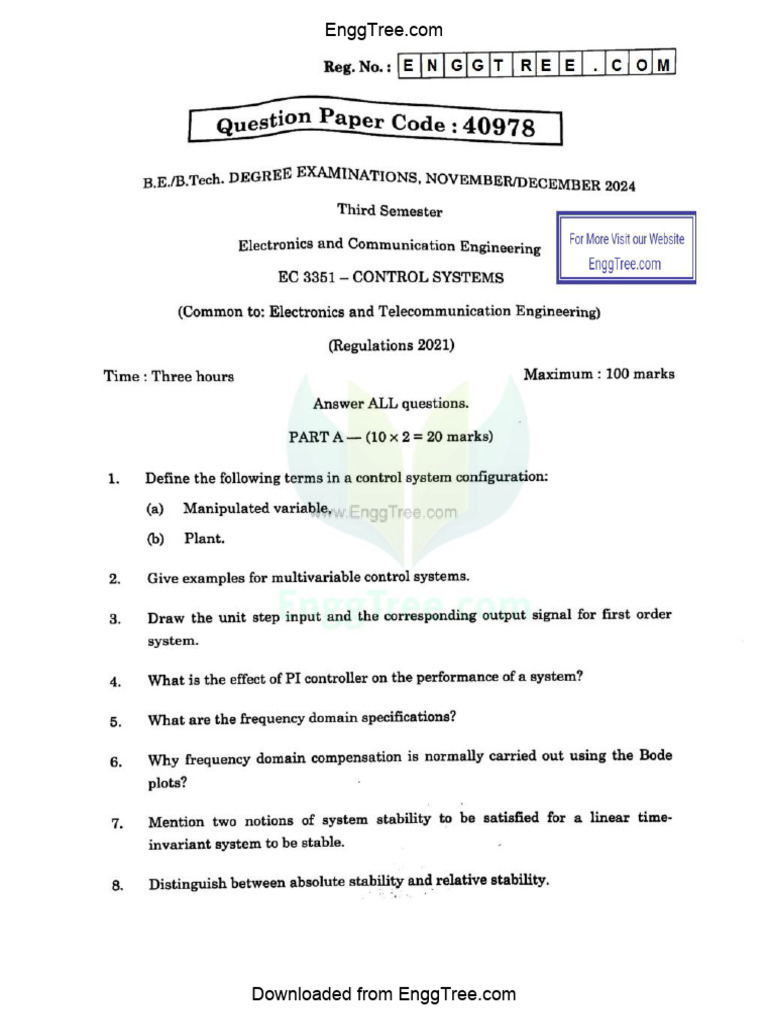 EC3351 Control Systems Nov Dec 2024 Question Paper Download | PDF