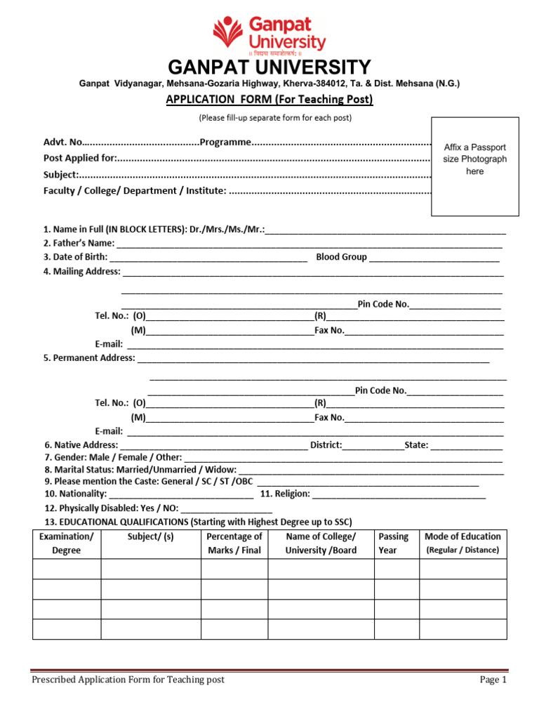 Prescribed Application Form For Teaching Post | PDF | Doctor Of Philosophy