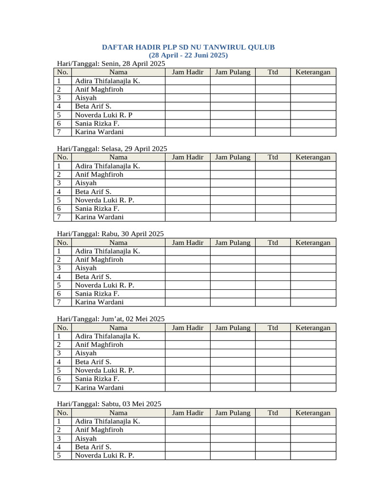Daftar Hadir PLP Tabel Per Hari | PDF